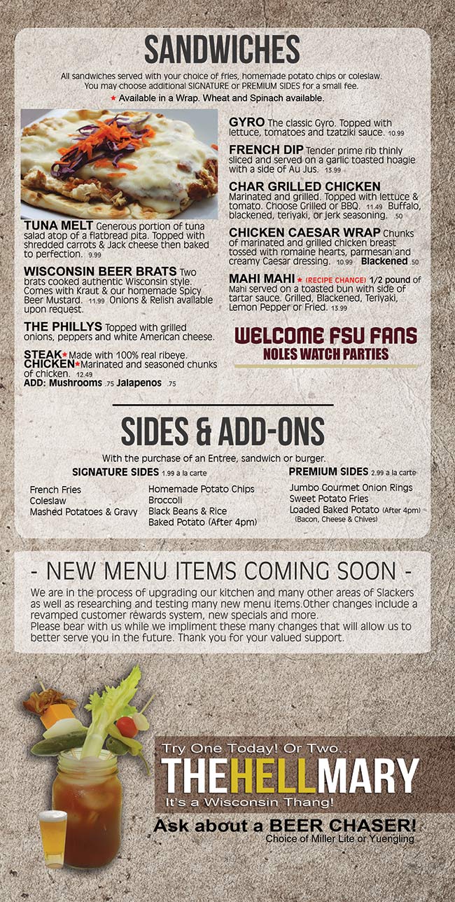 FULL PRINTED MENU – Slackers Bar & Grill